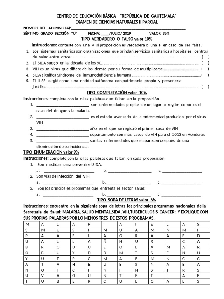 Examen de Ciencias Naturales Séptimo Grado | PDF | VIH / SIDA | VIH
