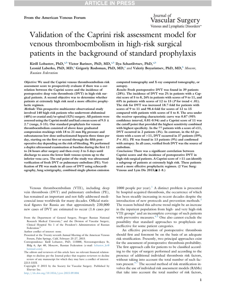Validation of The Caprini Risk Assessment Model For | PDF | Surgery ...