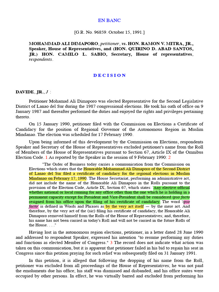 Dimaporo vs. Mitra: Congressional Seat Dispute | PDF | Government | Justice