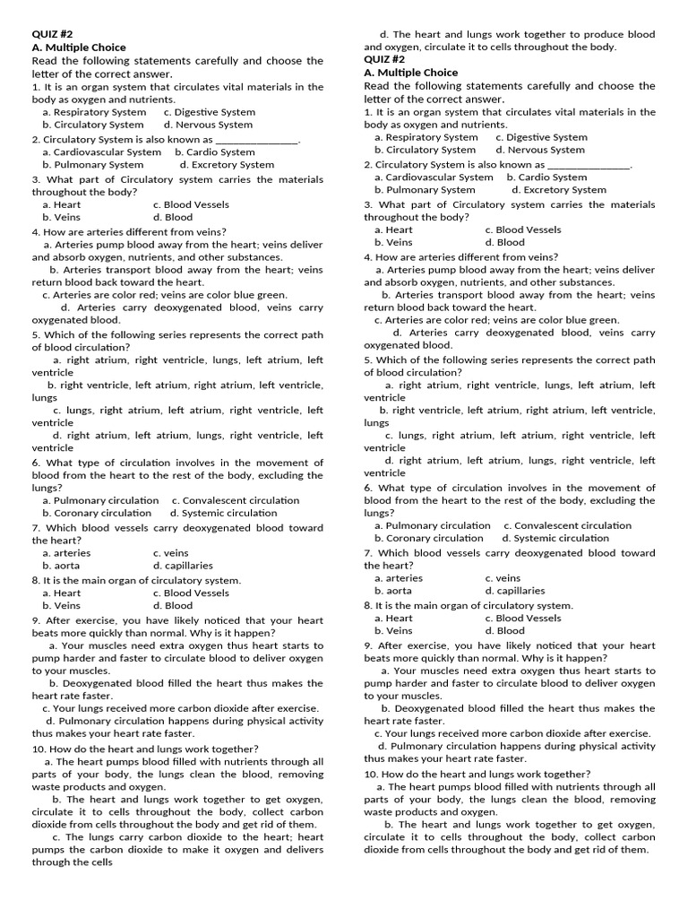 Quiz For Circulatory System | PDF | Circulatory System | Atrium (Heart)