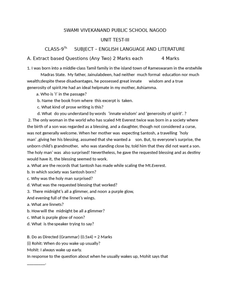 Class 9 English Unit Test 3 Rahul | PDF