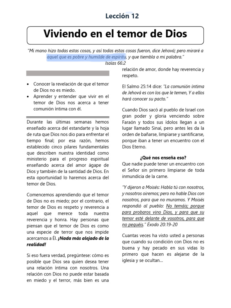 Lección 12. Viviendo en El Temor de Dios | PDF | Dios | eucaristía
