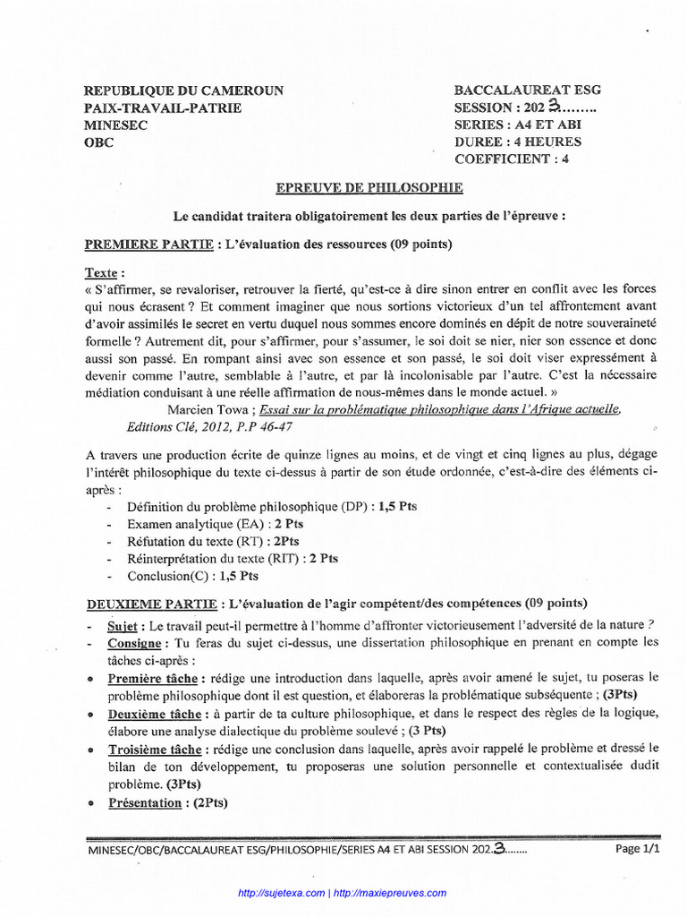 Epreuve Bac 2023 Philosophie Serie A-Abi Cameroun | PDF