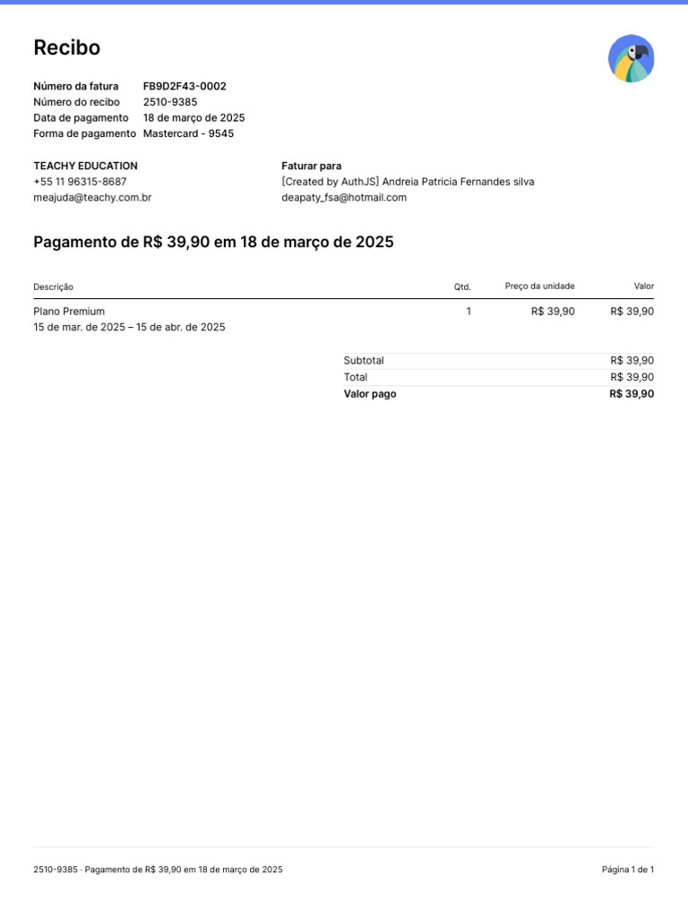 Recibo de Pagamento Teachy R$39,90 | PDF