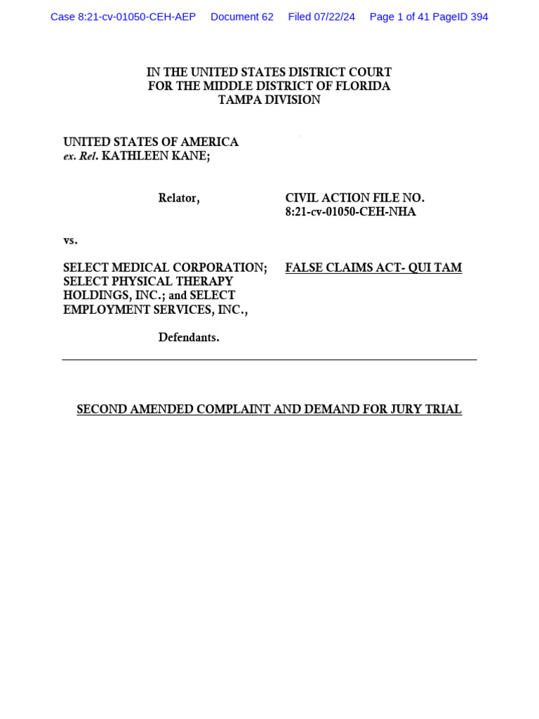 kane v select medical doj complaint | PDF | Physical Therapy | Medicare ...