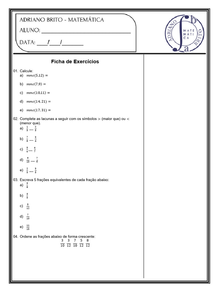 Ficha de Exercícios 02 - MMC e Fração | PDF