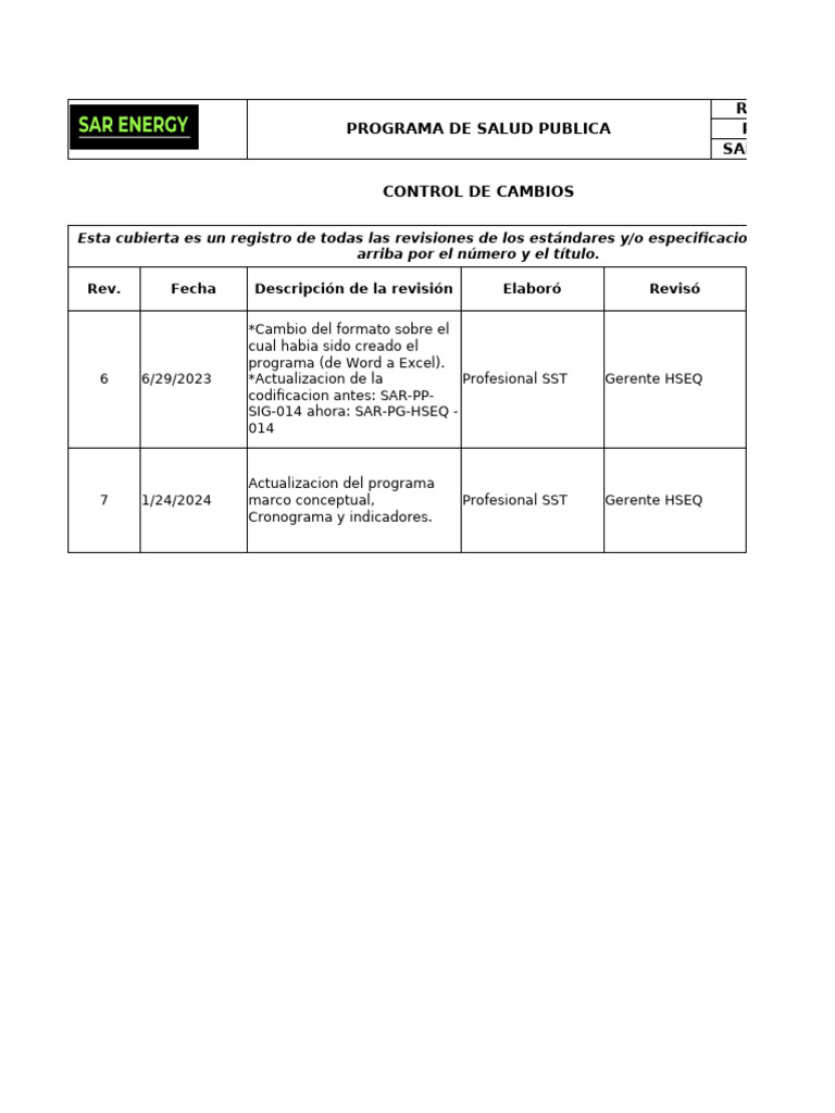 SAR-PG-HSEQ-014 Programa de Salud Publica Rev. 7 | PDF | Medicina | Salud pública