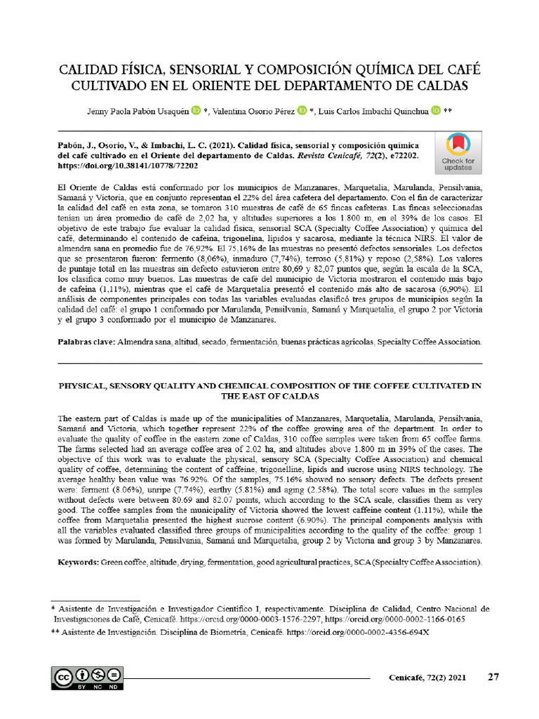 Vista de Calidad Física, Sensorial y Composición Química Del Café ...