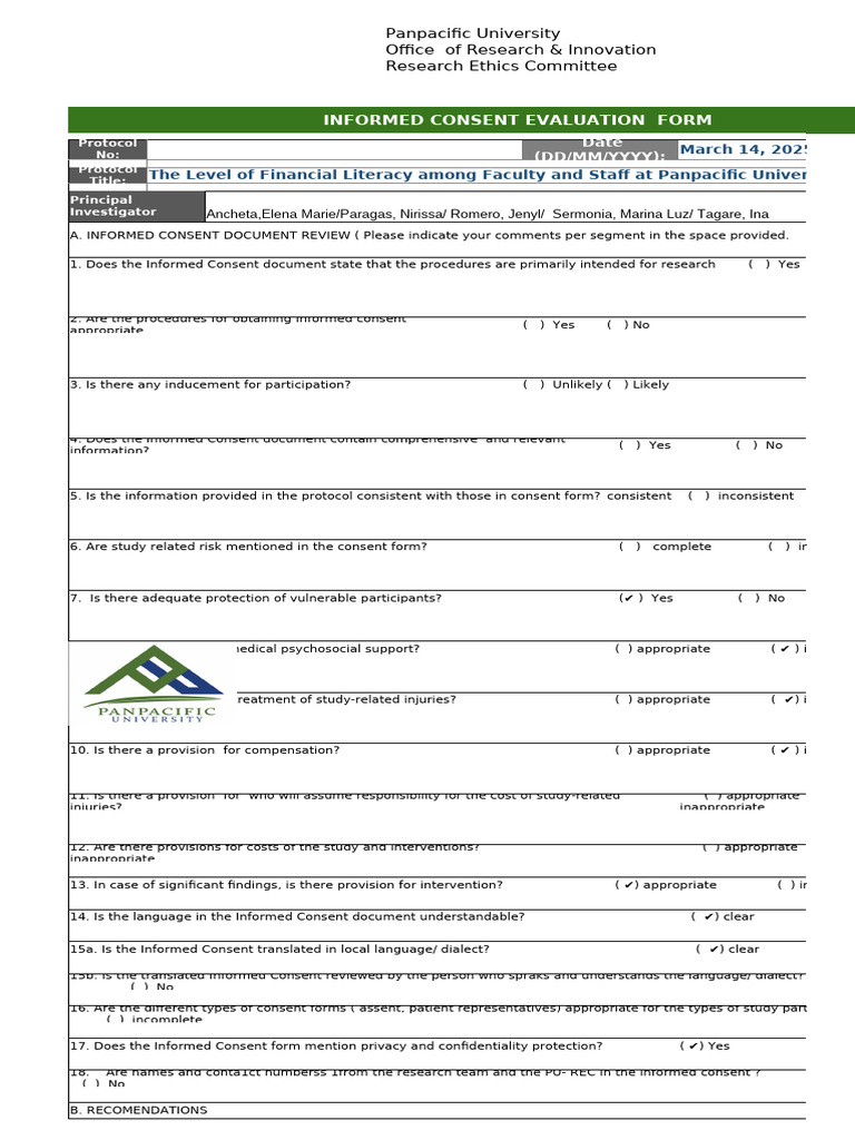Informed Consent Evaluation Form | PDF | Informed Consent | Medical ...
