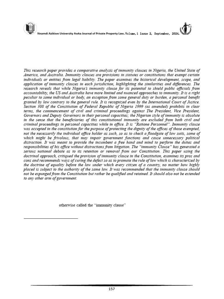 A Comparative Analysis of Immunity Clauses in Nigeria United State of ...