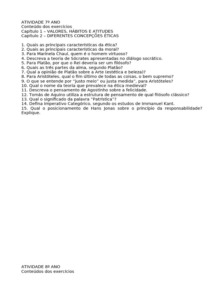 Atividades No Caderno - 7 - 8 - 9 Anos | PDF | Immanuel Kant | Aristóteles