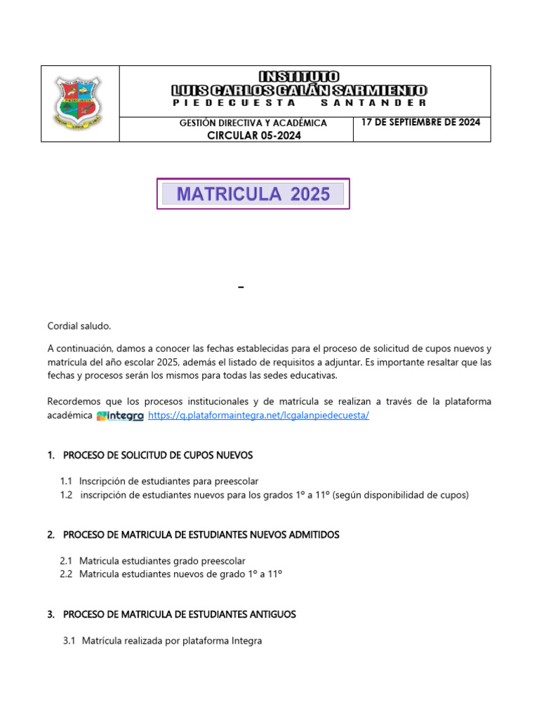 CIRCULAR_005_PROCESO_DE_MATRICULA_AÑO_20251 | PDF