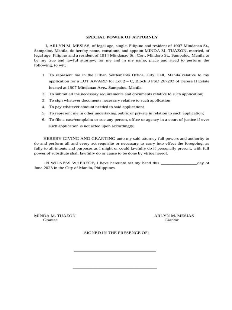 SPECIAL POWER OF ATTORNEY_ARLYN | PDF | Legal Documents | Justice