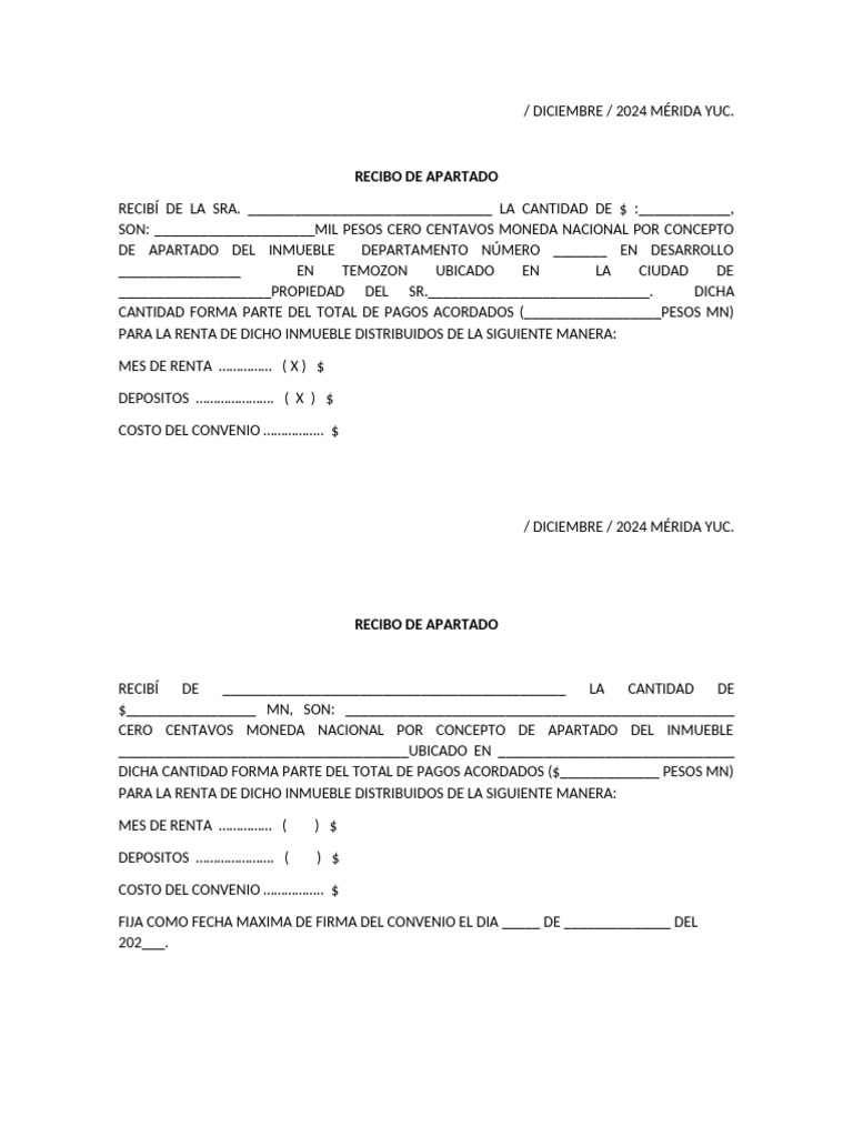 Recibo de Apartado de Inmueble en Mérida | PDF