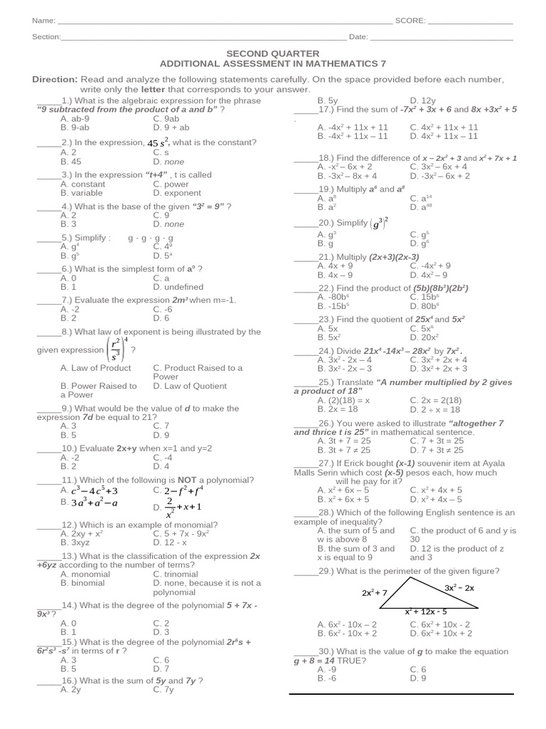Additional Assessment g7 2nd Quarter | PDF | Mathematical Objects | Algebra