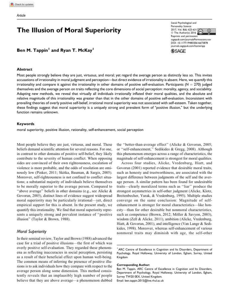 Illusion of Moral Superiority | PDF | Self Esteem | Rationality