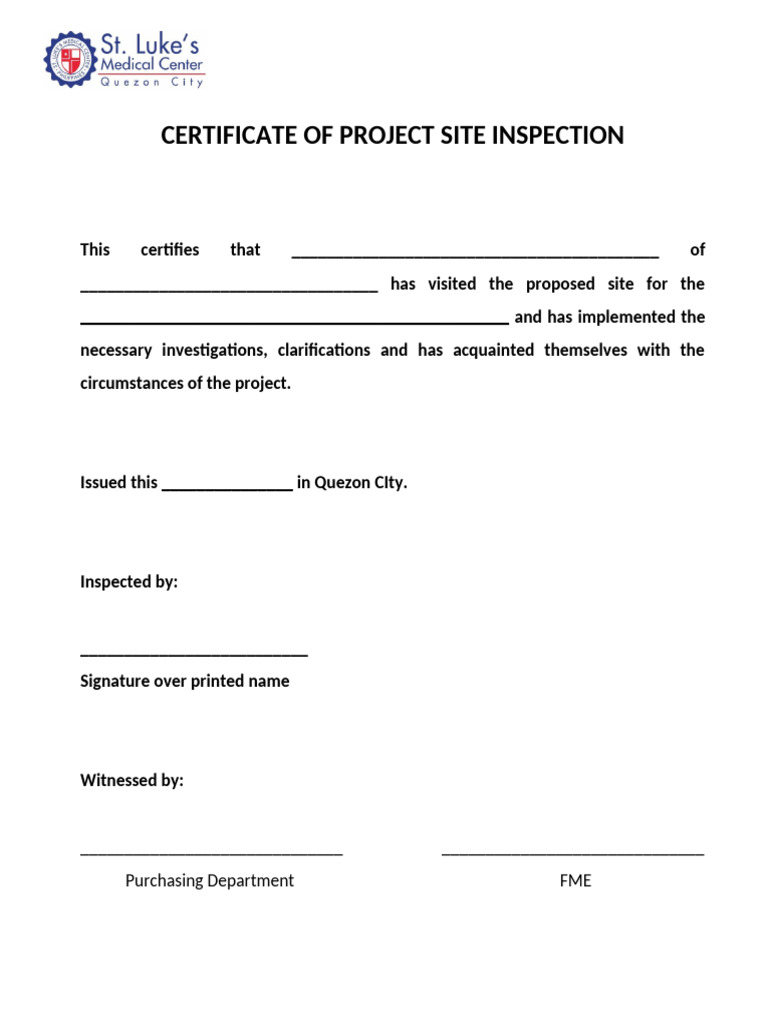 Certification of Project Site Inspection Template | PDF