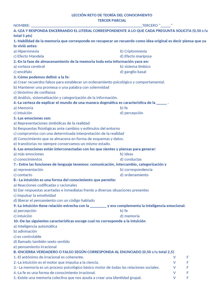 Reto De Teoría Del Conocimiento Tercer Parcial Pdf Las Emociones