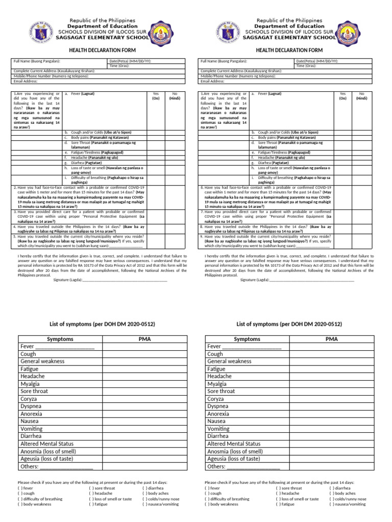 Health Declaration Form | PDF | Common Cold | Medicine