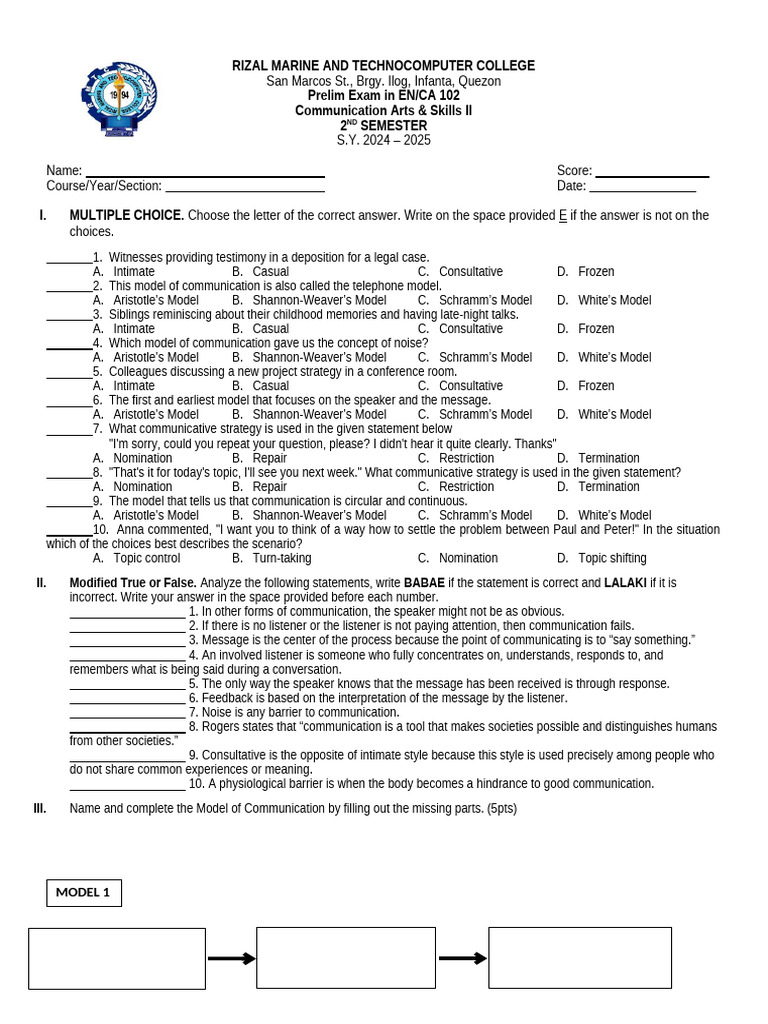 Long Test - Speech and Oral Comm | PDF | Communication | Cognition