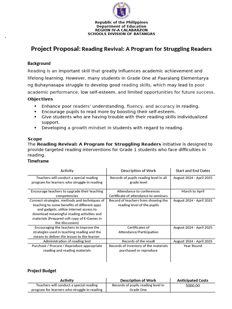 Project Proposal Reading Revival | PDF | Teachers | Pedagogy