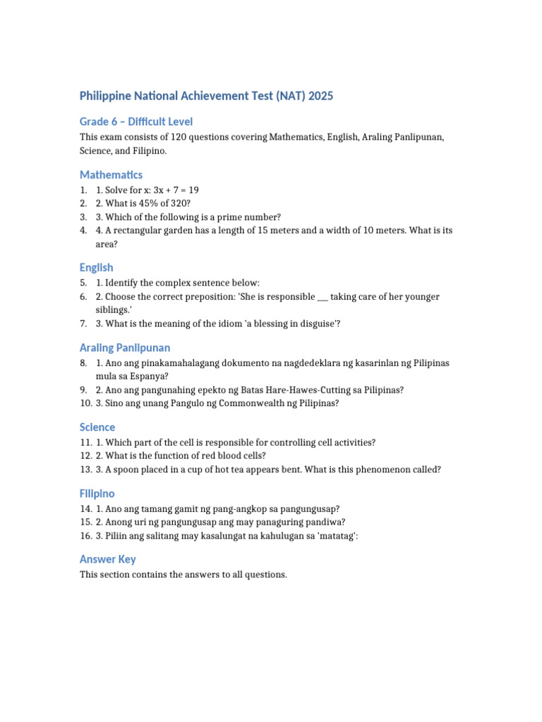 Philippine NAT 2025 Grade 6 Exam Guide | PDF