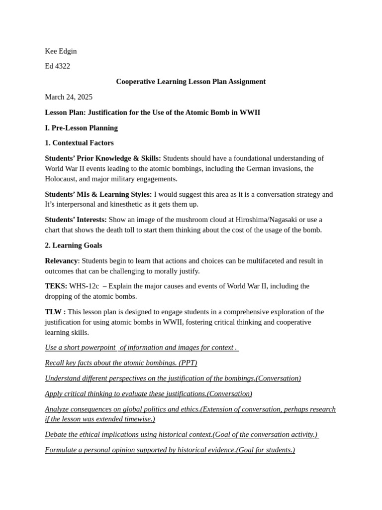 Coop lesson plan (2) | PDF | Atomic Bombings Of Hiroshima And Nagasaki ...