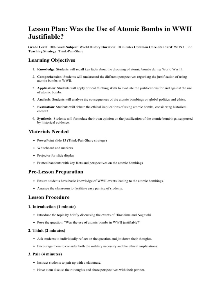 Lesson Plan - Was The Use of Atomic Bombs in WWII Justifiable | PDF ...