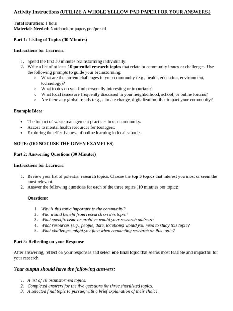 Community Research Topic Brainstorming Guide | PDF
