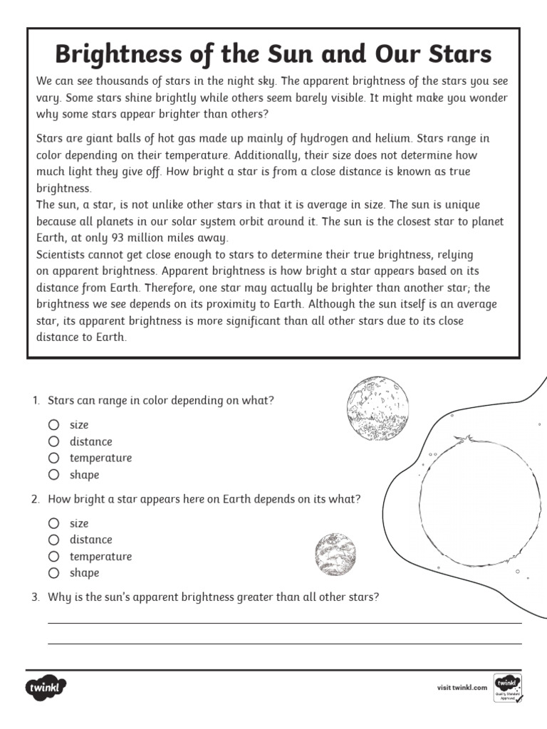 Black and White Fifth Grade Brightness of The Sun and Our Stars Reading ...