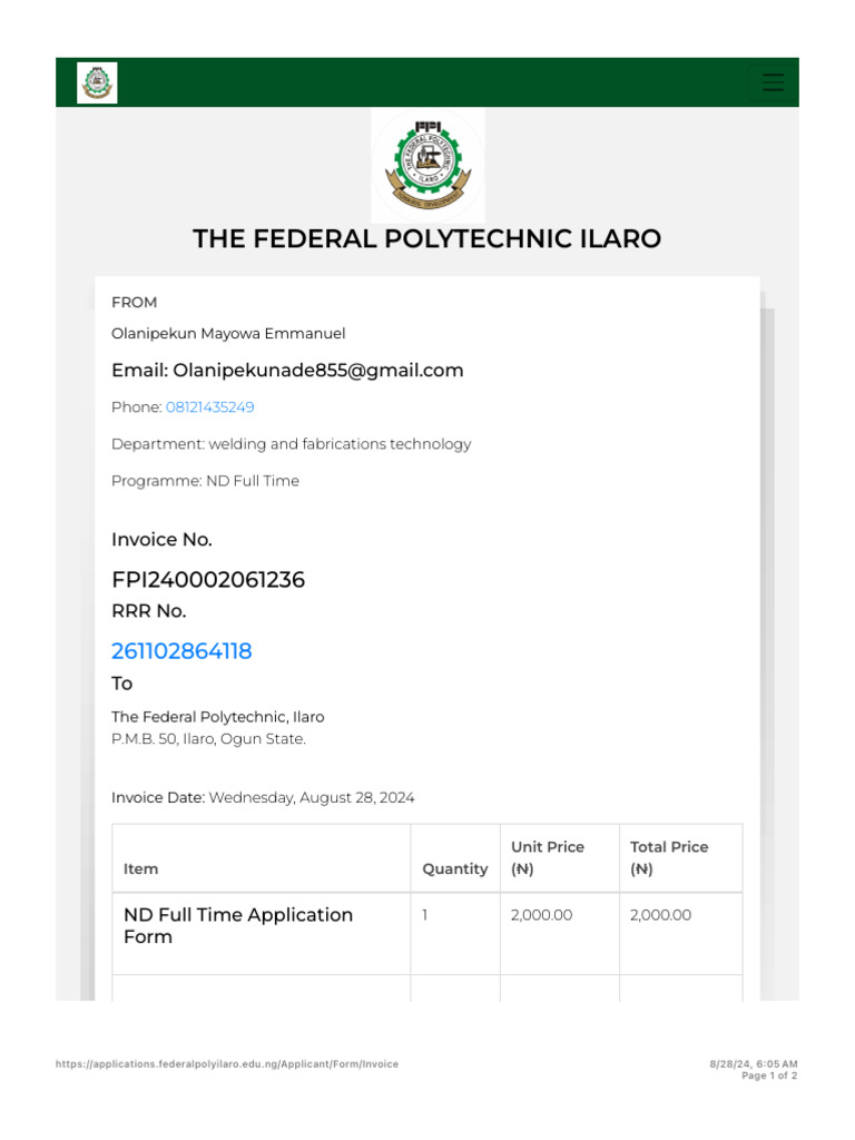 Invoice - The Federal Polytechnic Ilaro | PDF