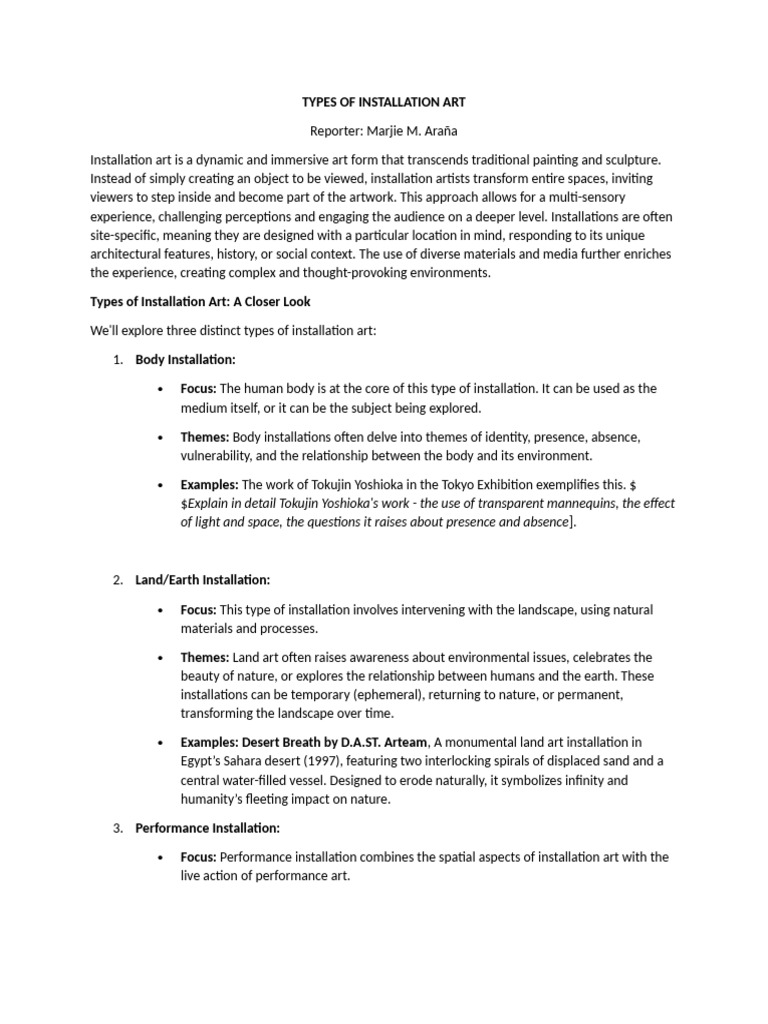 Art History and Types of Installation Ar1 | PDF | Installation Art | The Arts