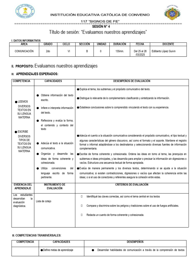 Sesion 4 Eva-Diag. | PDF | Evaluación | Comprensión lectora