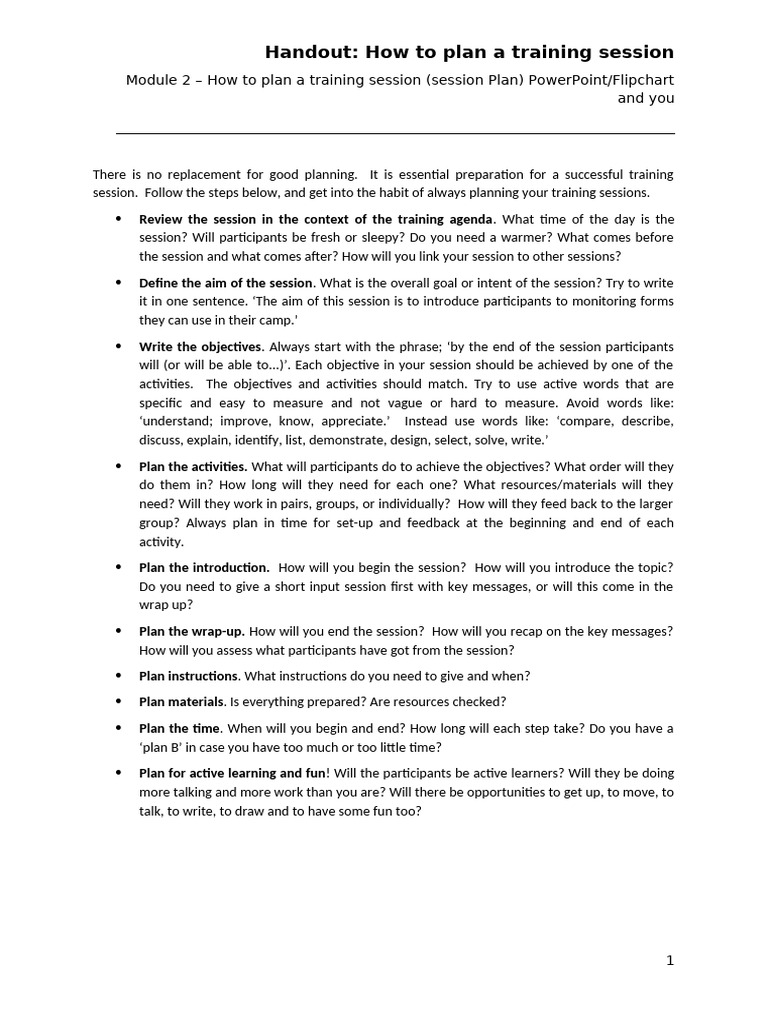 Module 2 - HO1 How To Plan A Training Session | PDF | Learning | Cognition
