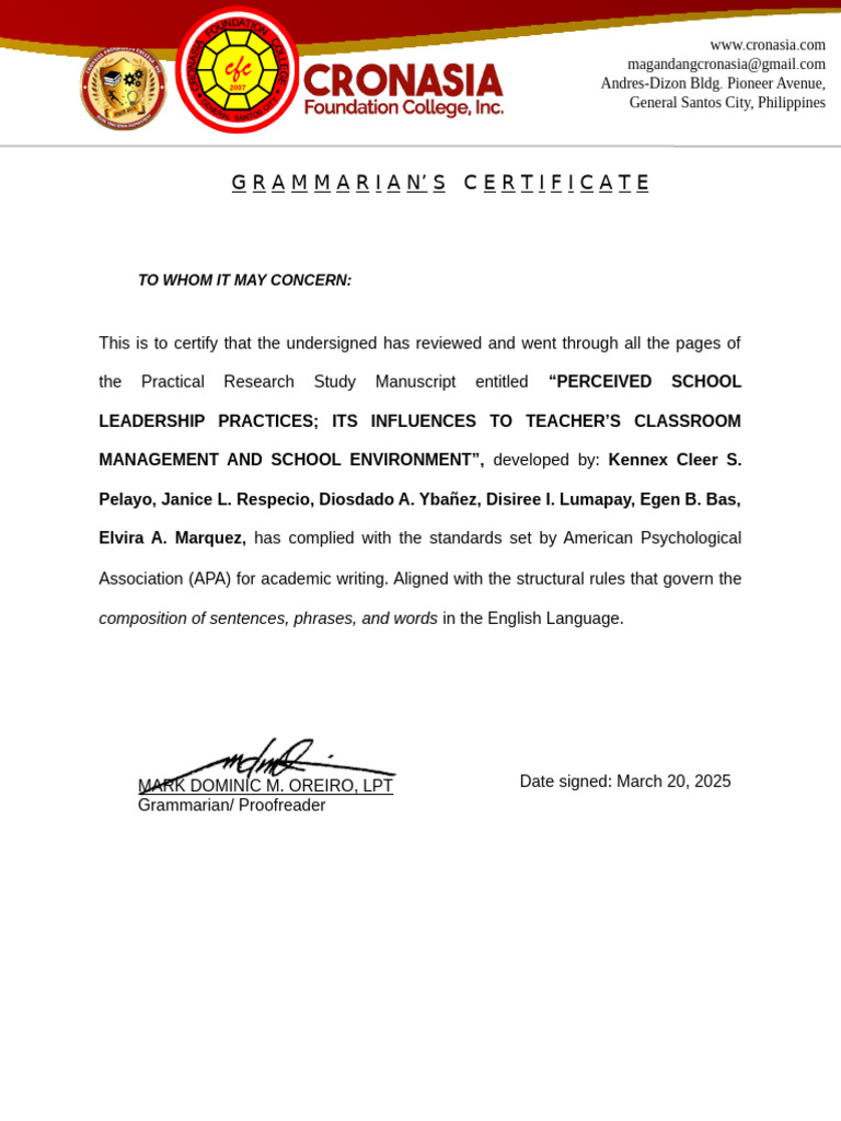 Grammarian'S Certificate: To Whom It May Concern | PDF