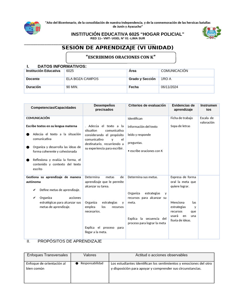 Escribiendo Oraciones con K en Clase | PDF | Aprendizaje | Evaluación