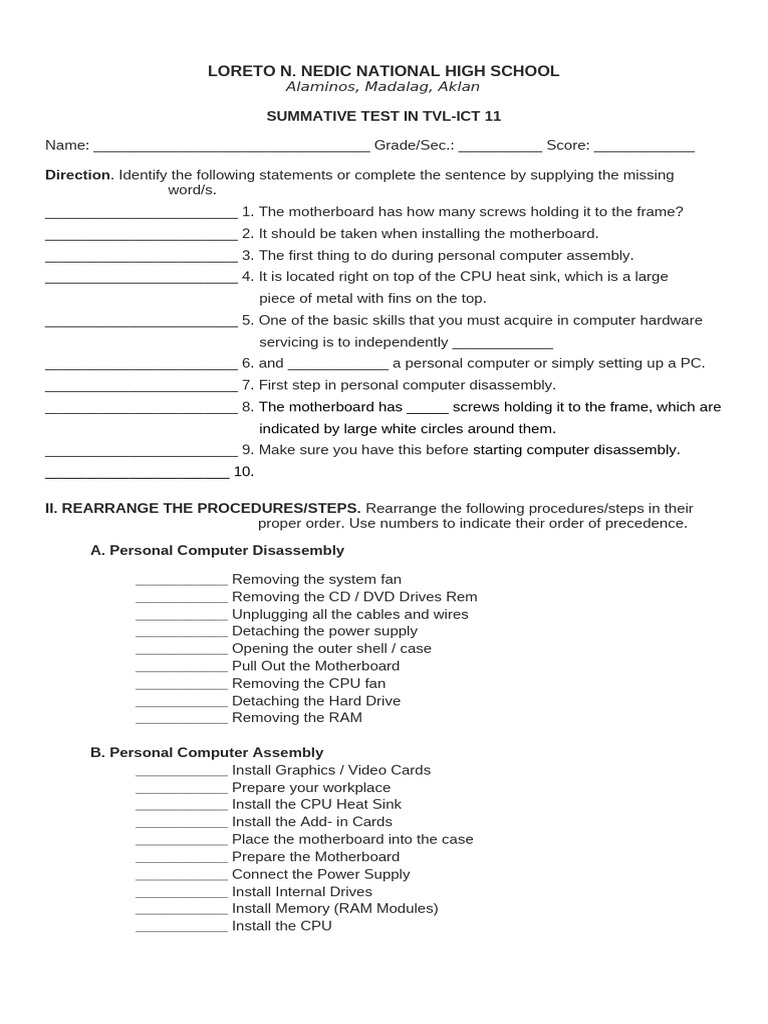 Summative Test in CSS 11 - Assemble & Disassemble | PDF | Personal ...