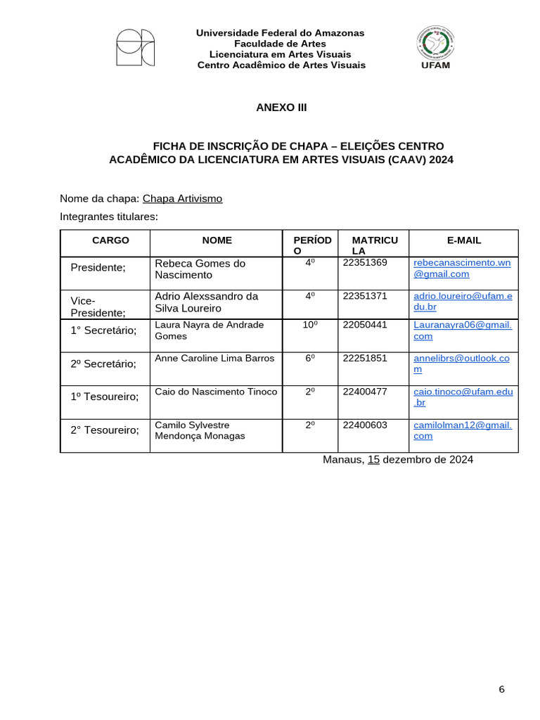 Inscrição Chapa Artivismo CAAV 2024 | PDF