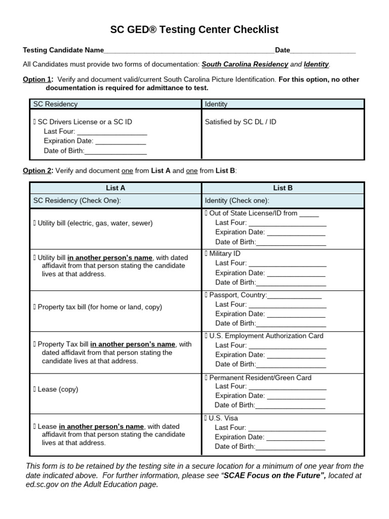 SC GED® Testing Center Checklist | PDF | Identity Document ...