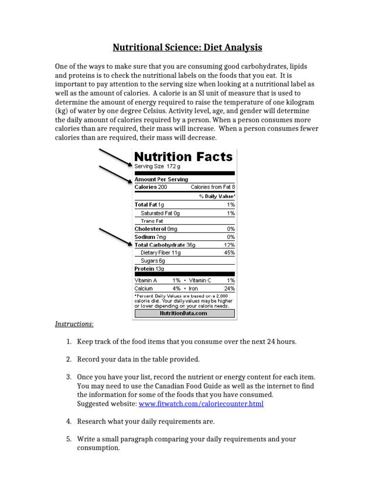 Diet Analysis and Nutritional Labels | PDF