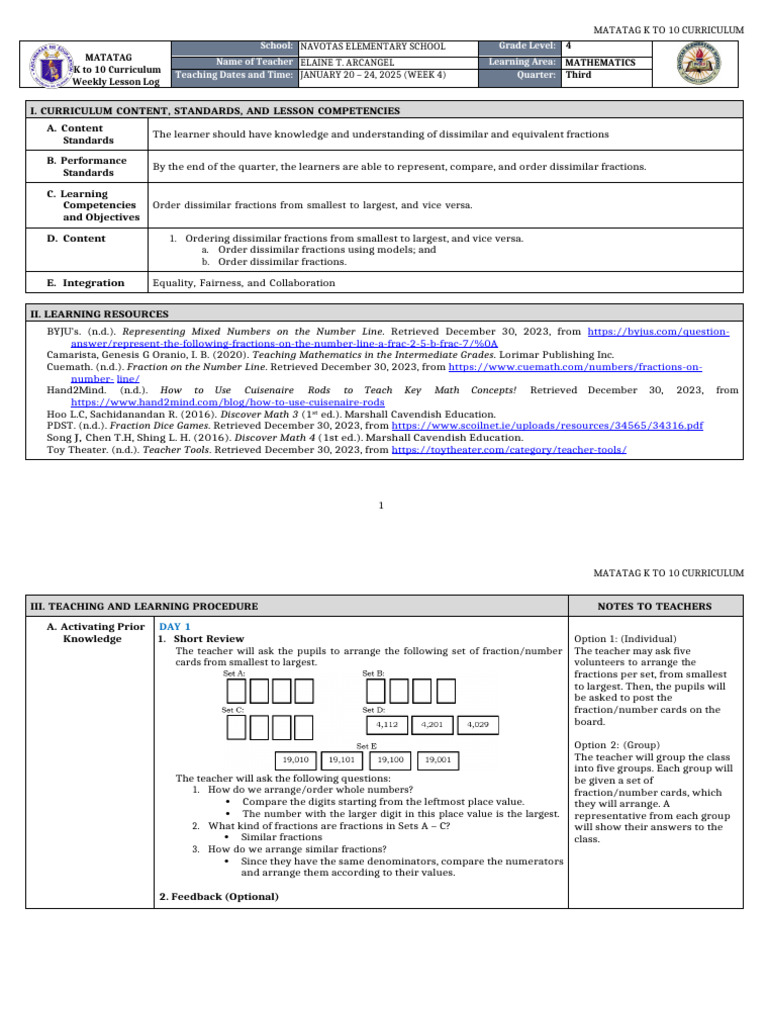 DLL MATATAG _MATH 4 Q3 W4 | PDF | Learning | Arithmetic