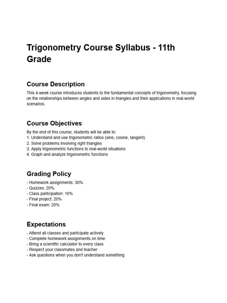 Trigonometry Course Syllabus - 11th Grade | PDF | Trigonometry ...