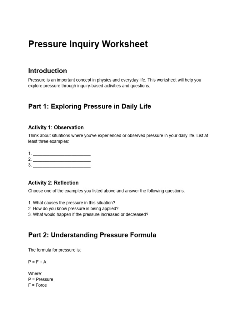 Inquiry-Based Pressure Worksheet | PDF | Balloon | Pressure