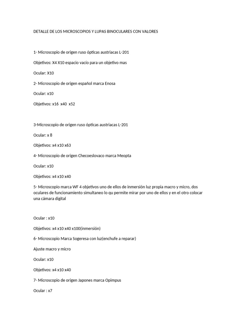 DETALLE DE LOS MICROSCOPIOS Y LUPAS BINOCULARES | PDF