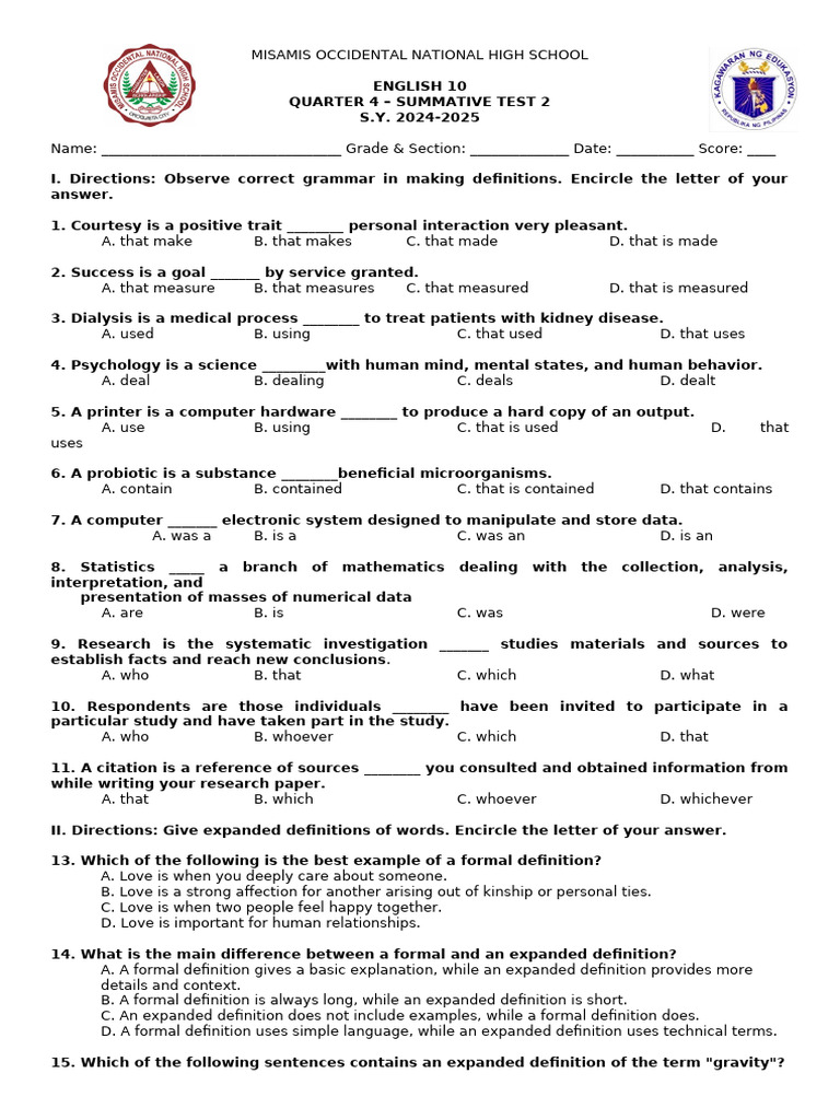Grade 10 Summative Test 2 | PDF | Gravity | Virus