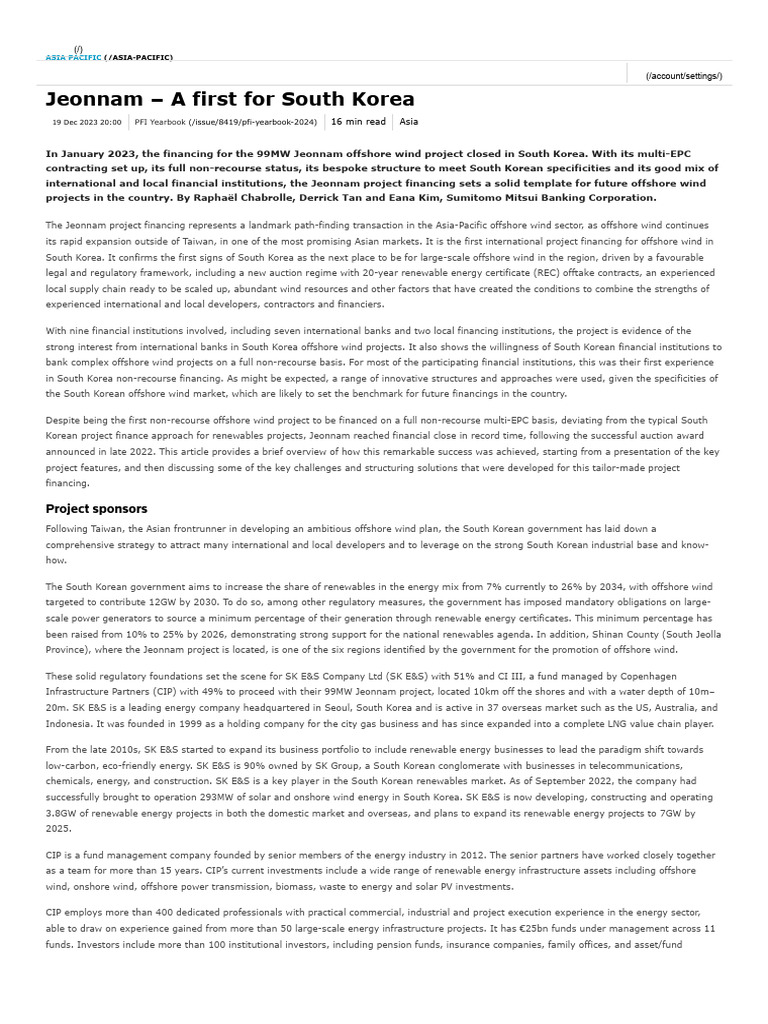 Jeonnam Offshore Wind Financing Success | PDF | Offshore Wind Power ...