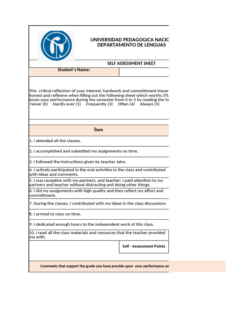 Student Self-Assessment Sheet | PDF | Learning | Cognition
