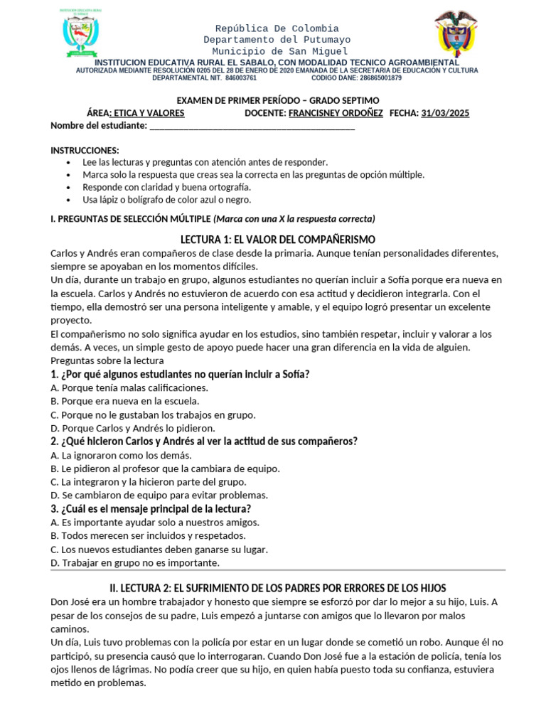 Examen de Primer Período Etica Septimo | PDF