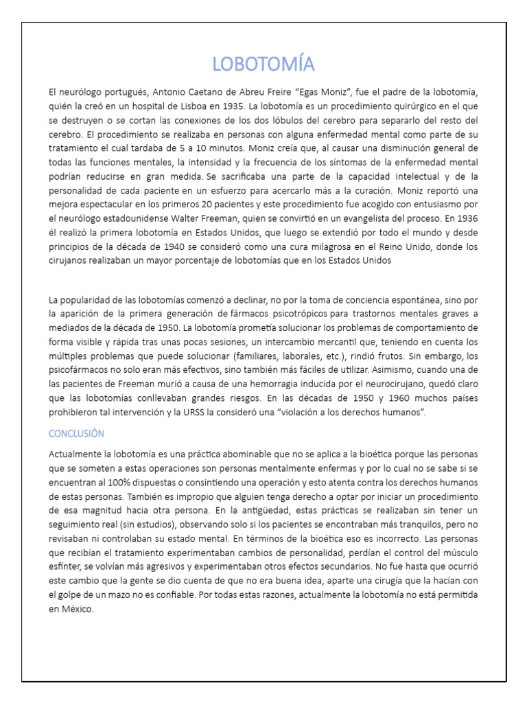 Historia y ética de la lobotomía | PDF | Medicina | Especialidades Medicas
