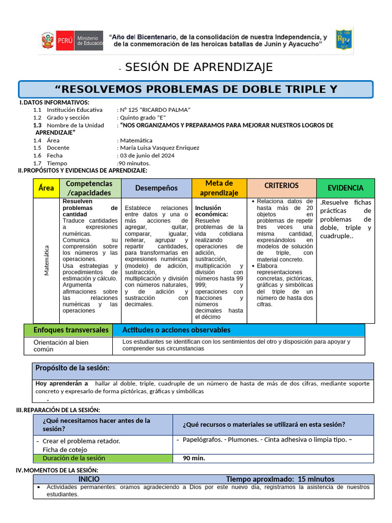 Sesion de Matemática - Doble Triple Cuadruple | PDF | Aprendizaje | Matemática Elemental